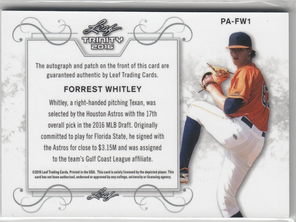 FORREST WHITLEY 2016 Leaf Trinity Patch AUTO #'d 3/5 Rookie RARE ...