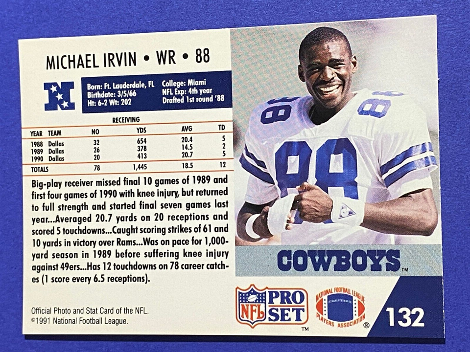 Michael Irvin, WR, Dallas COWBOYS, NFL PRO SET #132, 1991, HOF, NEAR ...