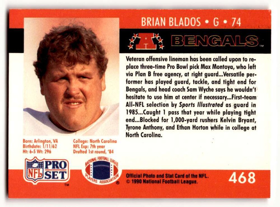 1990 Pro Set #468 Brian Blados Cincinnati Bengals Football Cards EX/ ID ...
