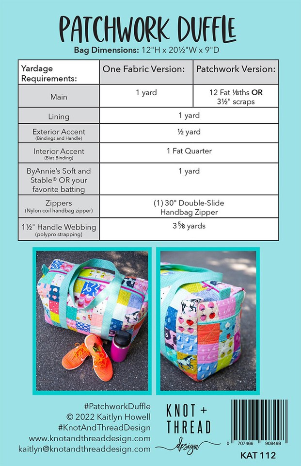 PATCHWORK DUFFLE BAG ~ Sewing Pattern ~ 12" H x 20.5" W x 9" D ~ Lined ...