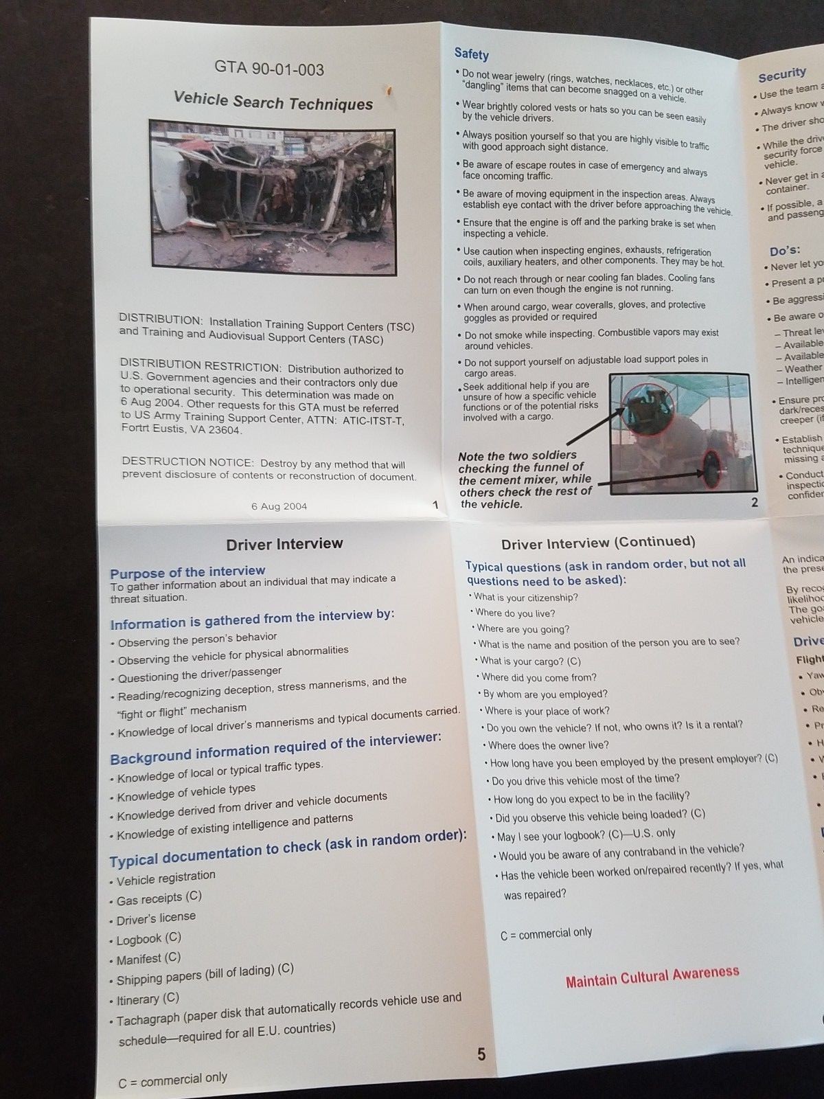 Vehicle Search Techniques (Training Aid Fold Out Card)(2004) GTA 90-01 ...