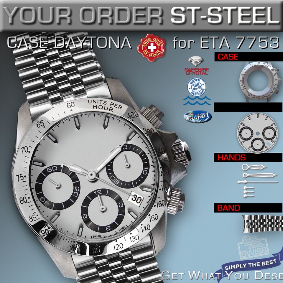DO IT YOURSELF KIT: 7753 ETA-VALJOUX, DAYTONA, 316L, STAINLESS STEEL ...