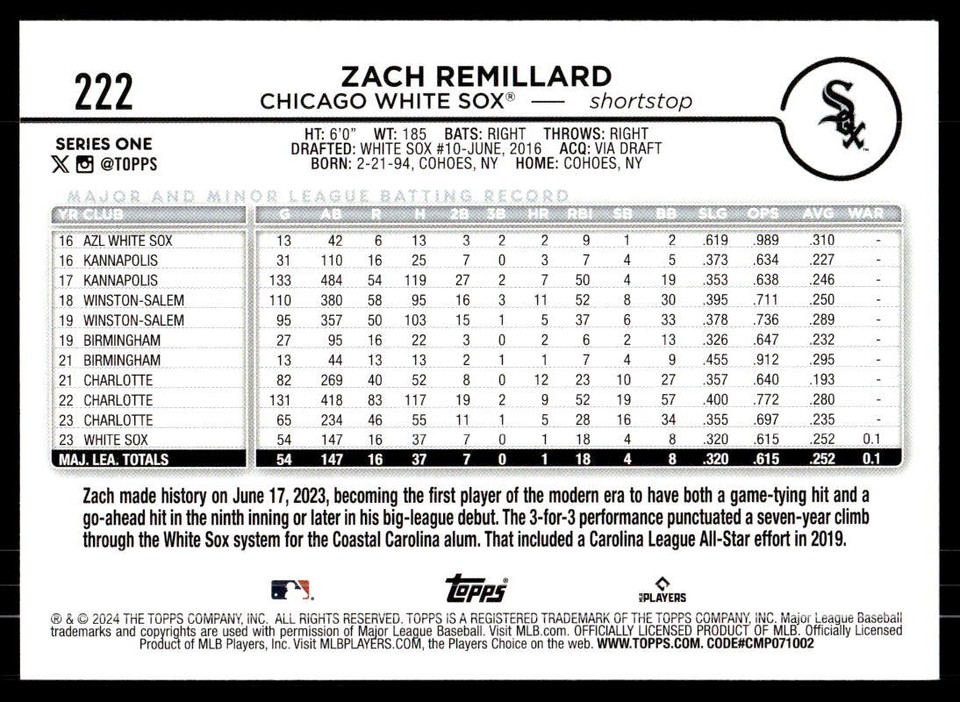2024 Topps 222 Zach Remillard Chicago White Sox Rookie Card RC | eBay