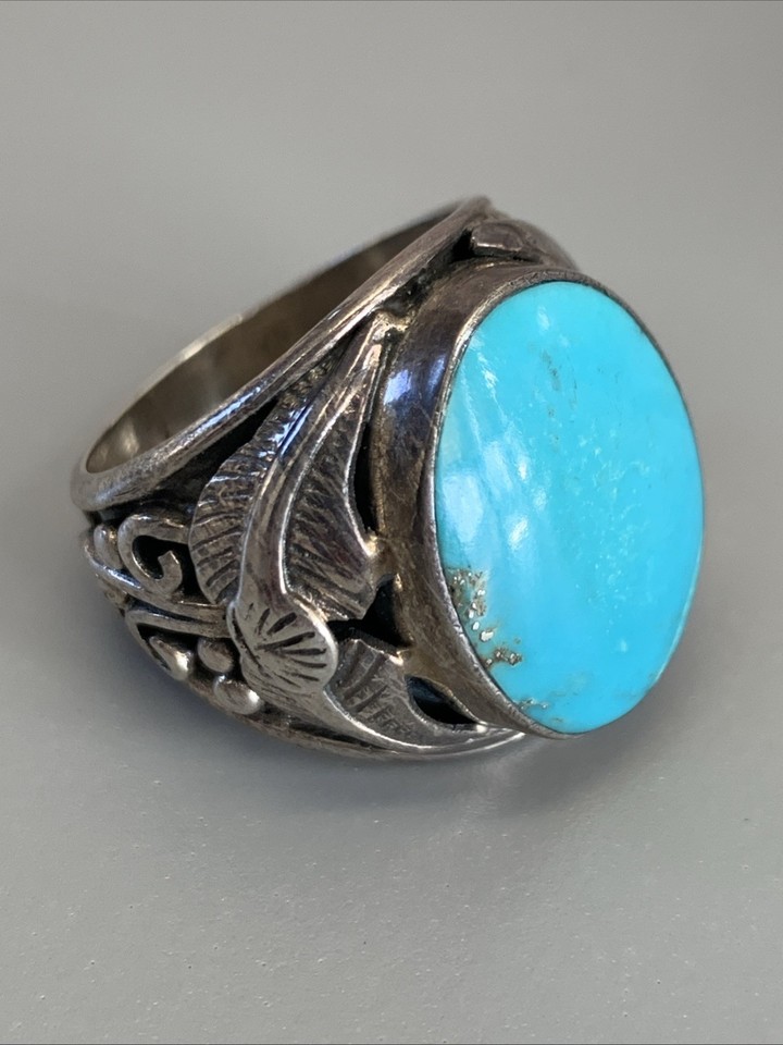 Native American Turquoise & Scroll & Leaf Sterling Ring Signed MT Size ...