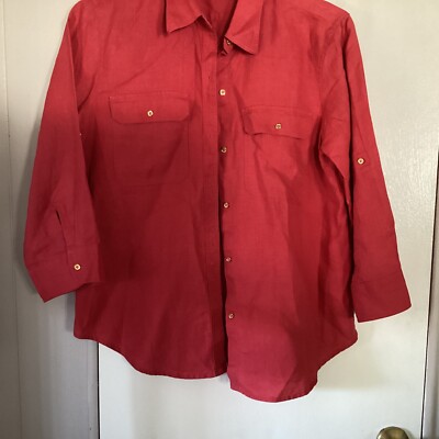 Women's Lauren Ralph Lauren Red Linen Roll Tab Sleeves Button Up Blouse ...