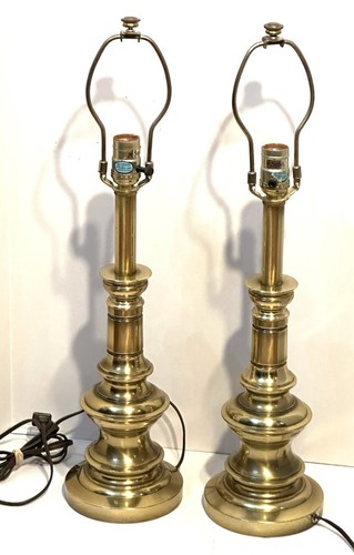 Vintage Set STIFFEL Heavy Brass Table Lamps 24” tall -Original Cords ...