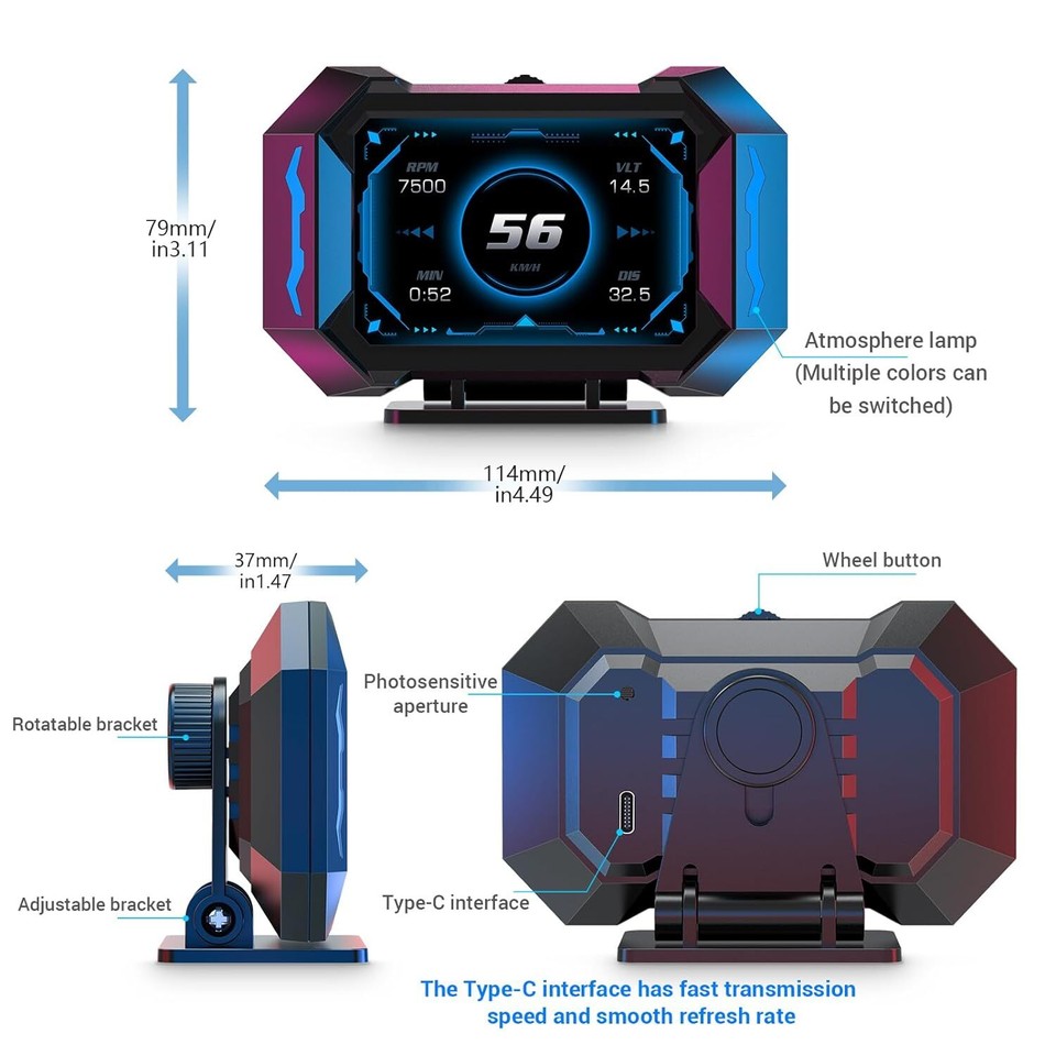 OBD2+GPS HUD Gauge Car Digital Head Up Display Speedometer Turbo RPM ...