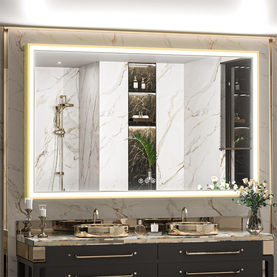 Extra Large LED Bathroom Mirrors Front Light Gold Aluminum Framed ...