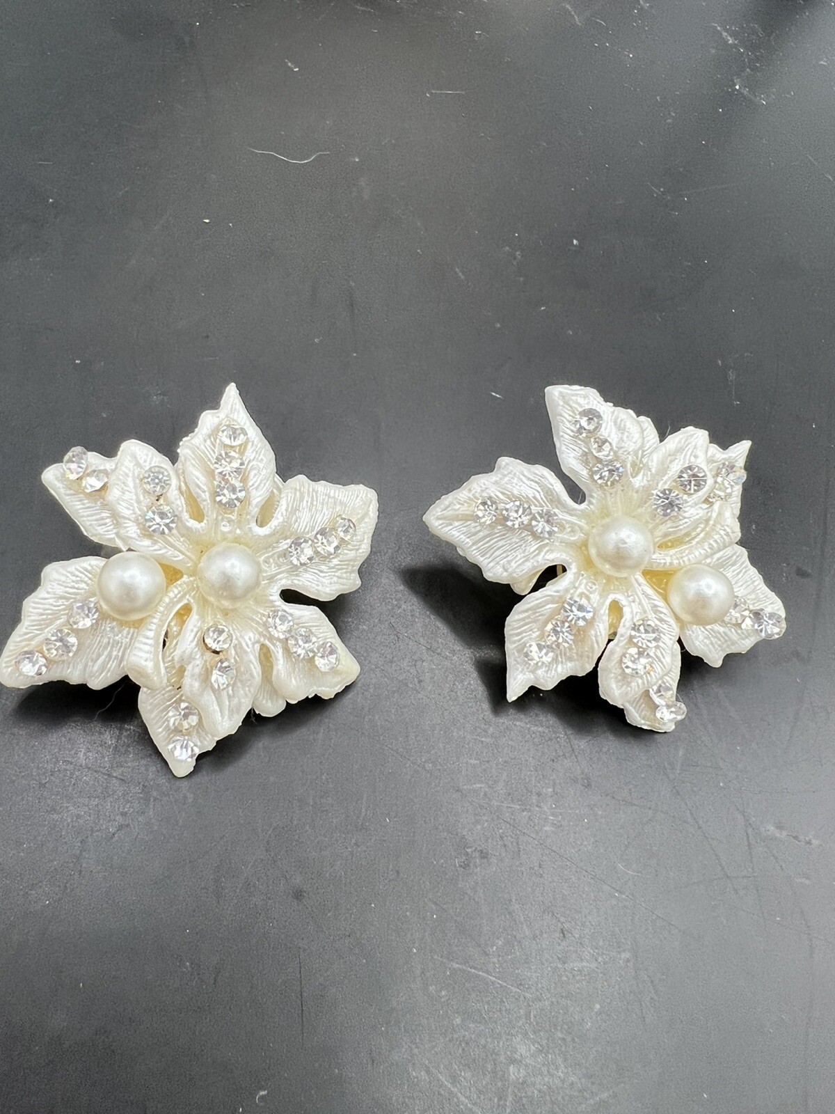Celluloid Featherlite Flower Pin Clip Earring Set Rhinestone Faux Pearl ...