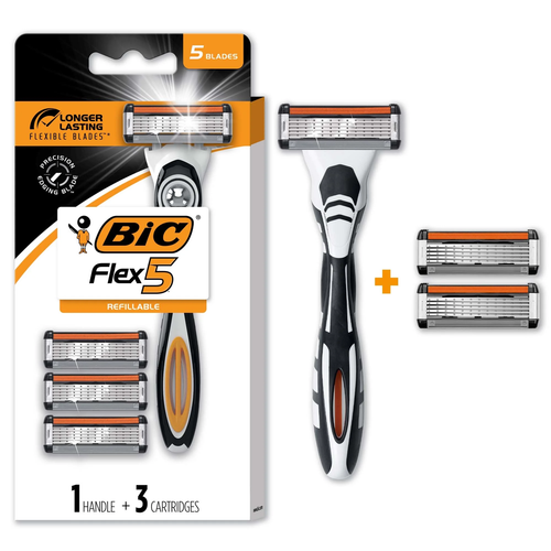 BIC Flex 5 Blade Refillable Razors, Men's, 5-Blade, 1 Handle and 3 ...