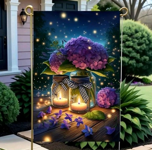 Garden Flag Flowers Mason Jar Ribbon Fireflies 12x18 Welcome Oudoor ...