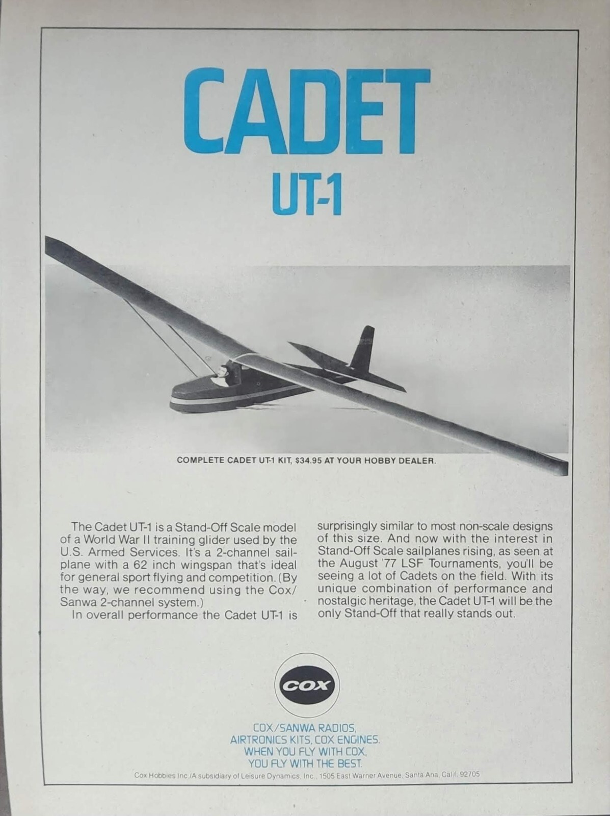 COX Cadet UT-1 Sailplane Vintage Print Ad Ephemera Wall Decor Stand off ...