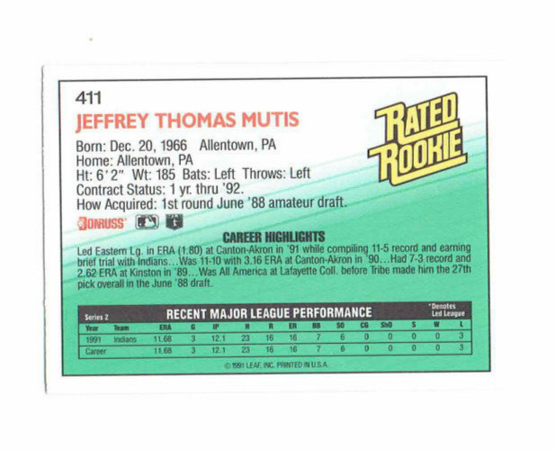 Jeff Mutis Cleveland Rated Rookie Pitcher #411 Donruss 1992 #Baseball ...