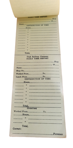 Utah Railroad Train Railway Company Daily Time Report Employee Receipt ...