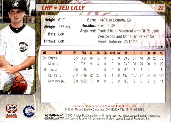 2001 Choice Columbus Clippers - Ted Lilly #22 for sale online | eBay