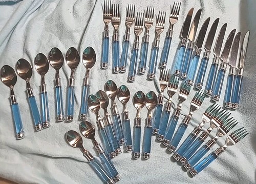 Cambridge Stainless Steel Blue Azul Lucite Handle Flatware Set Retro ...