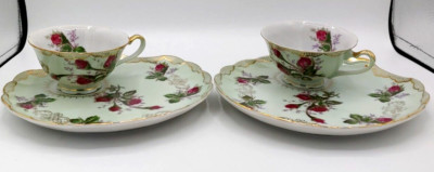 Lefton China Hand Painted Roses Luncheon Set Tea Cup & Plate Green Set ...