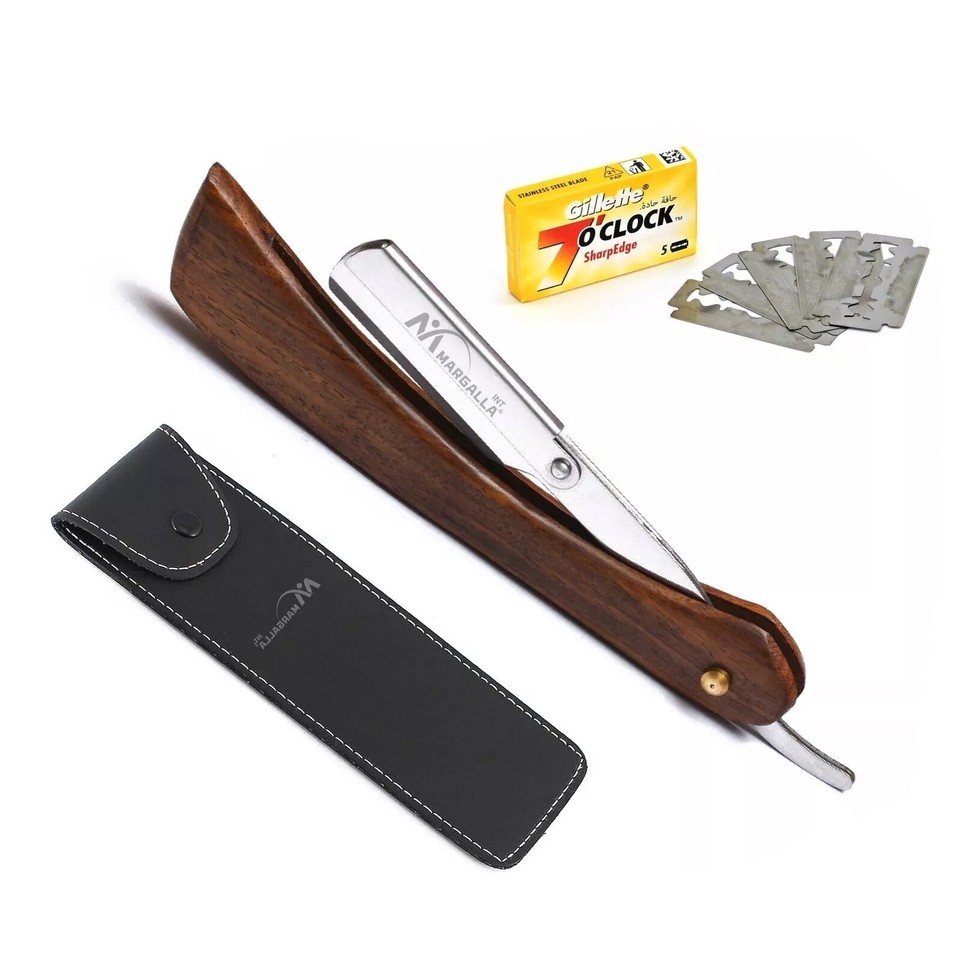 WOODEN BARBER HAIR SALON STRAIGHT WET CUT THROAT SHAVING RAZOR SHAVETTE ...