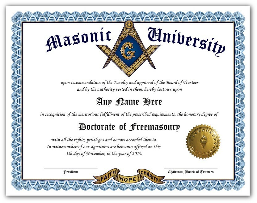 Masonic University Freemasonry Personalized Diploma Gold Seal Novelty ...