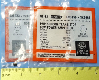 TRANSISTOR, ECG159, GENERAL ELECTRIC, BJT, PNP, 80V, CEO, 1A, TO-92, GE ...