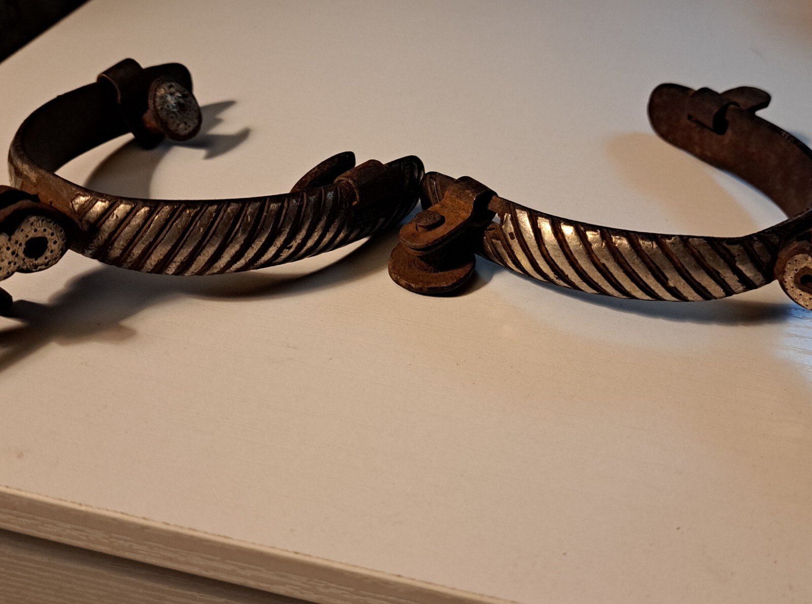 Antique Set Of Cast Iron Boot Spurs Silver Inlay Perfect Condition No ...