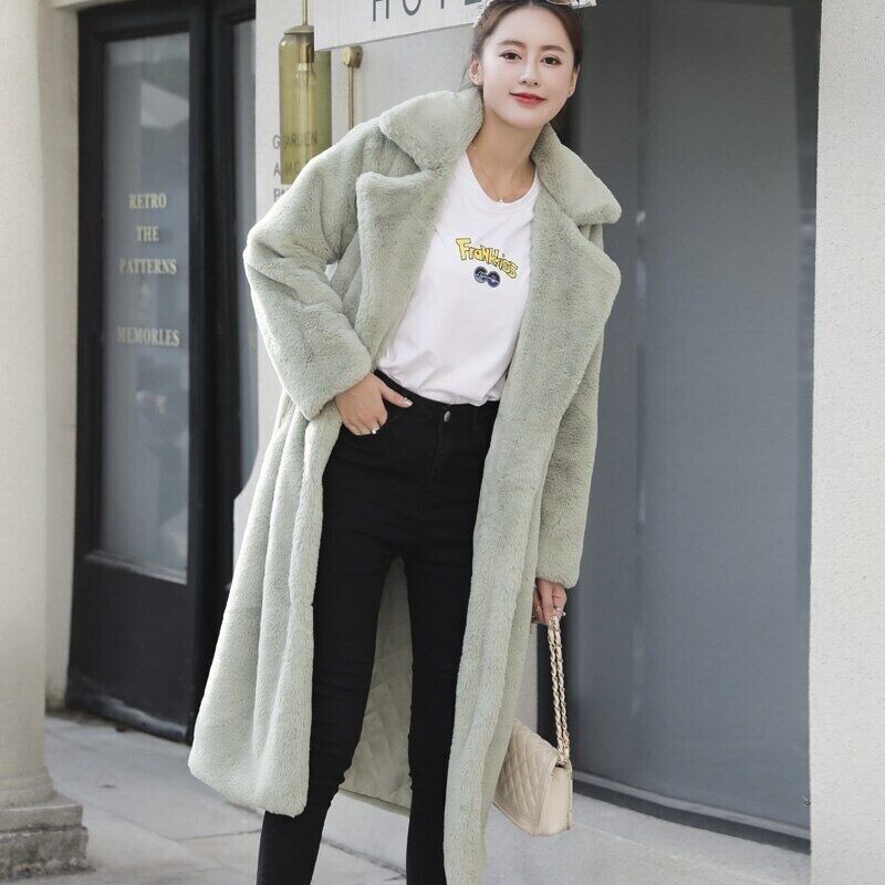 New Winter Women Faux Rabbit Fur Coat Loose Lapel OverCoat Thick Warm ...