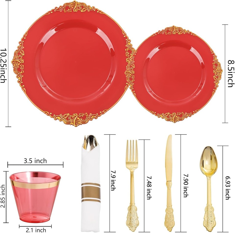 Elegant Red Gold Plastic Plates for 25 Guests | eBay