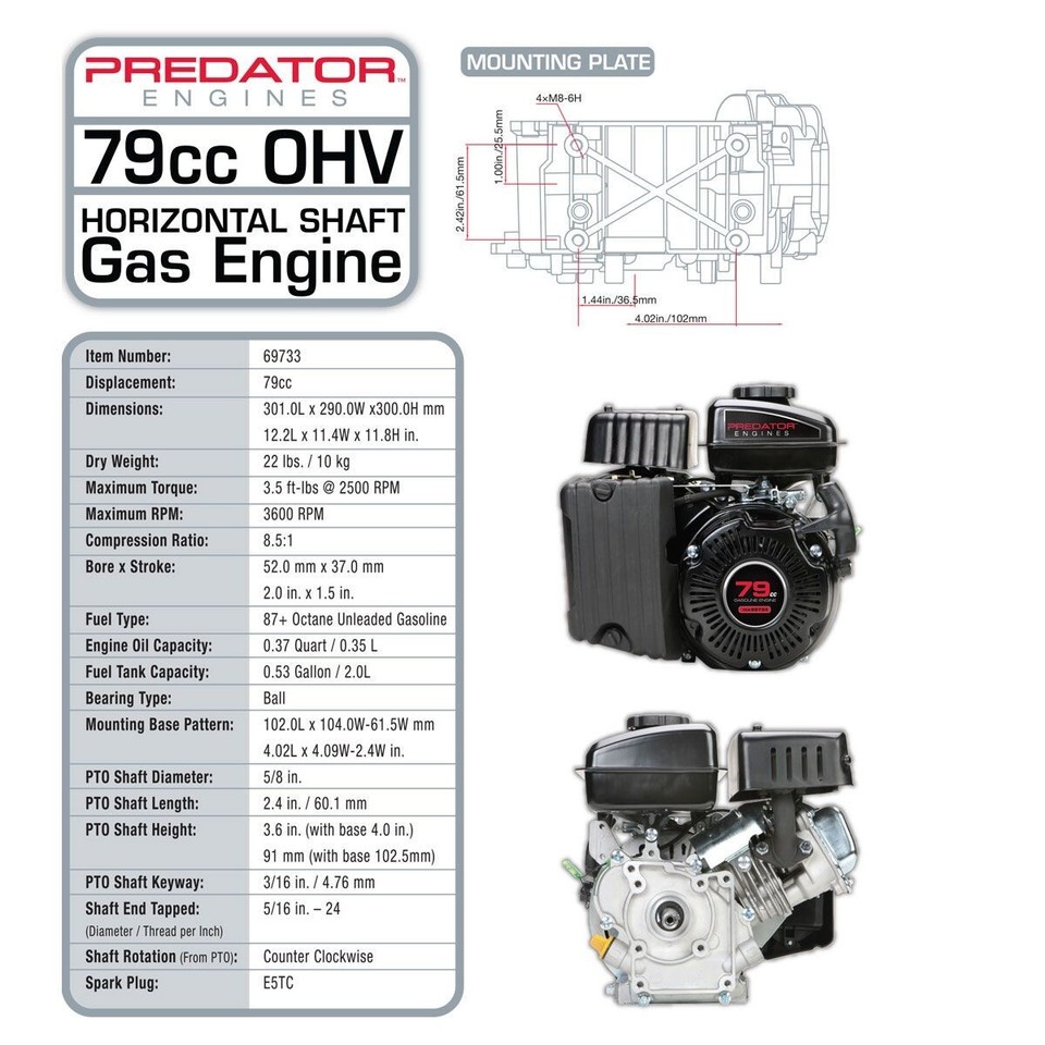 PREDATOR 3 HP (79cc) OHV Horizontal Shaft Gas Engine, EPA | eBay
