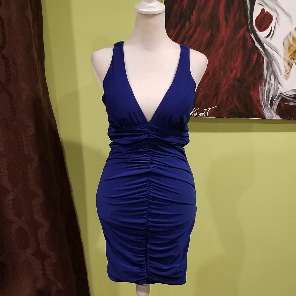Ruched Form Fitting Mini Dress With Sexy Back - Gem
