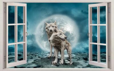 Wolves Full Moon Fantasy 3D Window Decal Wall Sticker Home Decor Art ...