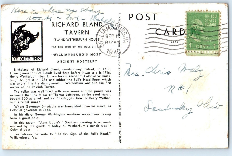 1940 Williamsburg Virginia Postcard Sign Ye Bull's Head Richard Bland ...