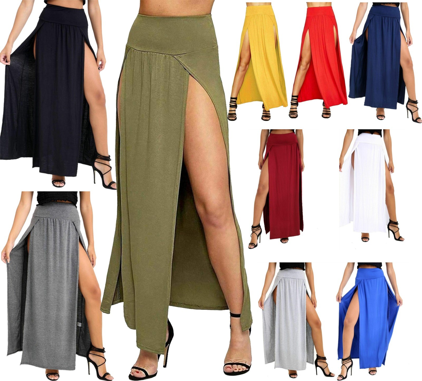 Womens Double Split Maxi Skirt Ladies High Waist Plain Side Slit Long ...