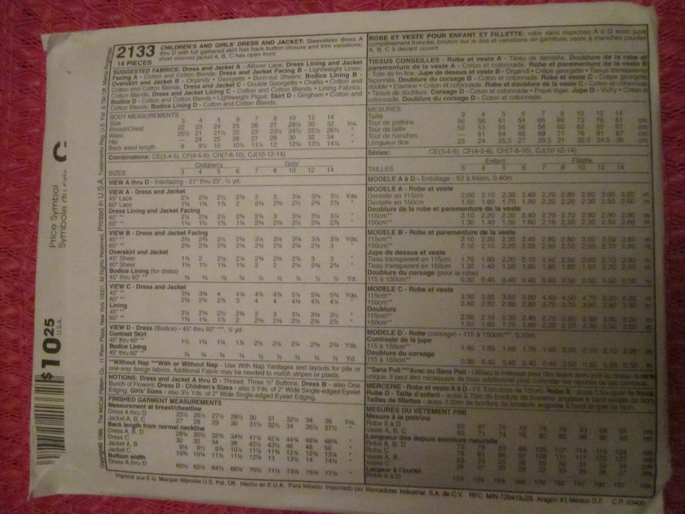 McCALL 2133 GIRLS' DRESS & JACKET Special Occasion SEWING PATTERN Sz 4 ...