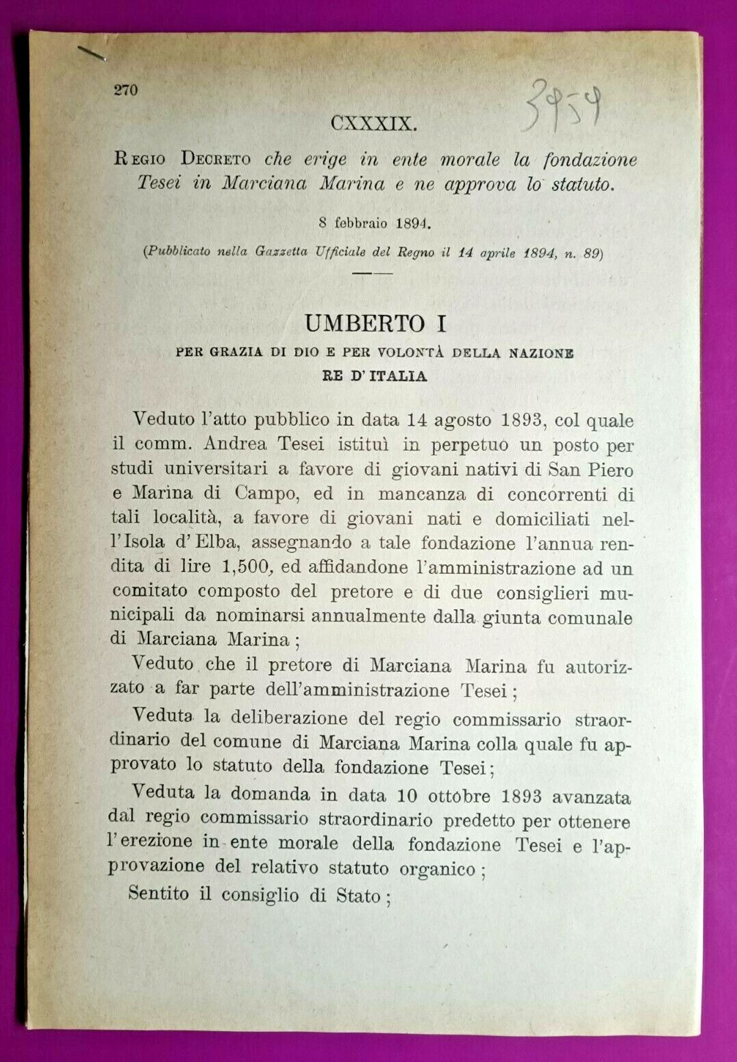 Marciana Marina, Royal Decree Approval Statute Foundation TESEI-3959 ...