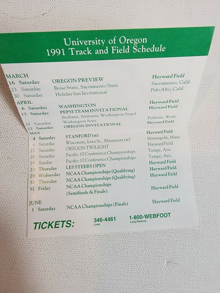 Vintage 1990s Oregon Ducks Mini Pocket Schedule 1991 Track and Field | eBay