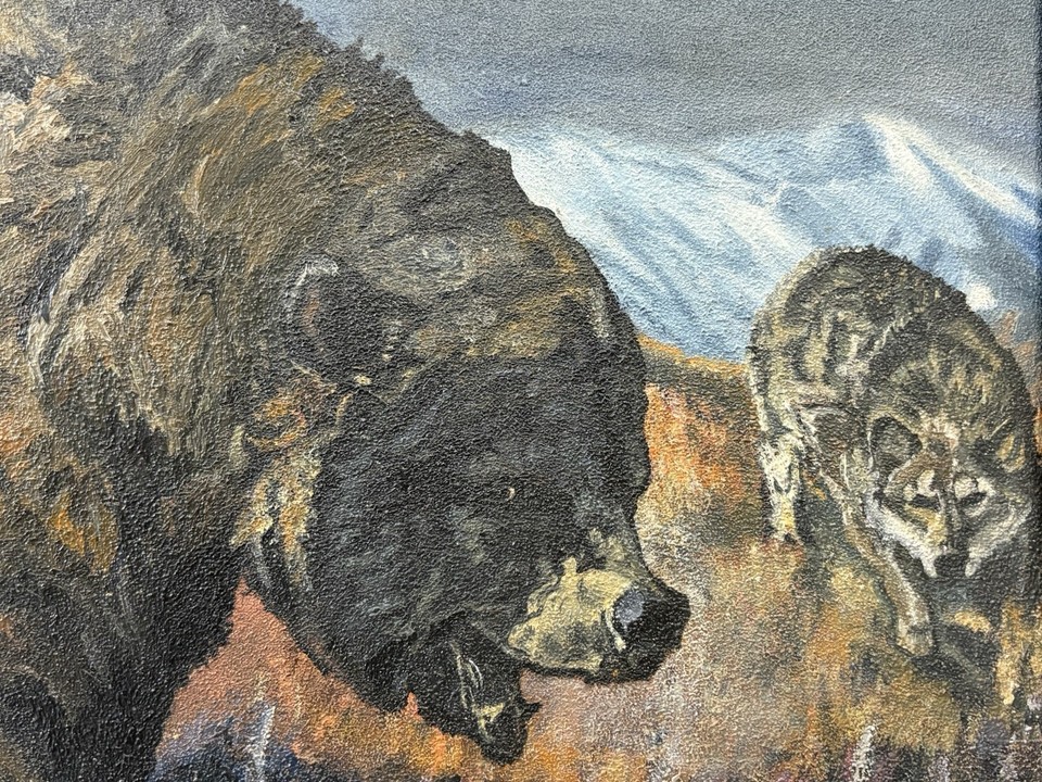 🔥 Fine Vintage 1960s Western MONTANA Grizzly BEAR Wolves Wild WOLF Oil ...