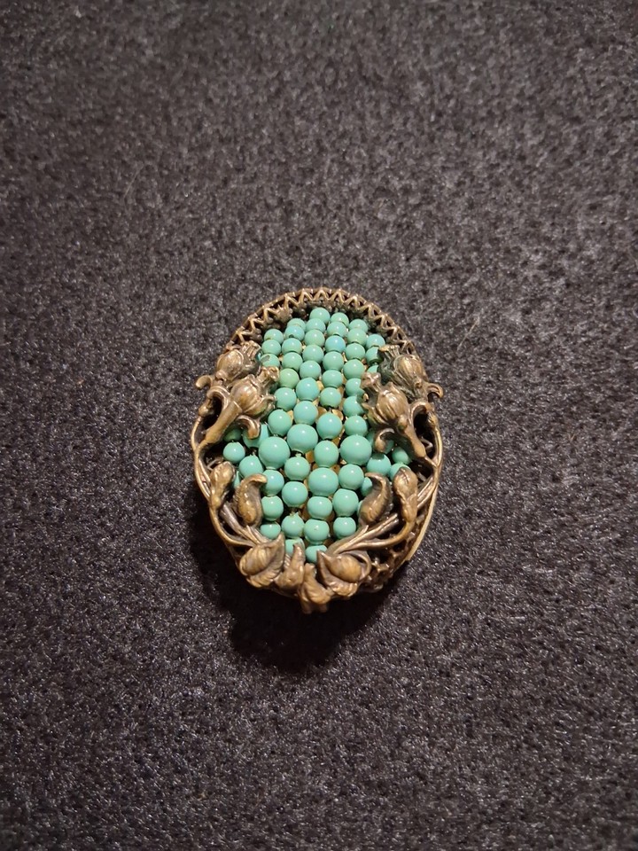 VTG Fur Clip Czech Turquoise Overlay Glass Beads Gold Gilt Art Nouveau ...