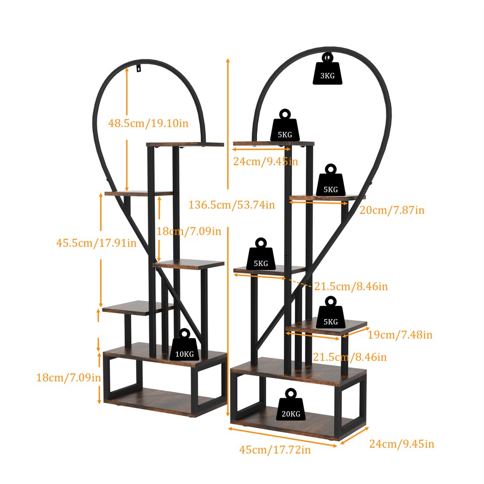2PCS 6 Tier Metal Plant Stand Creative Half Heart Shape Ladder Plant ...