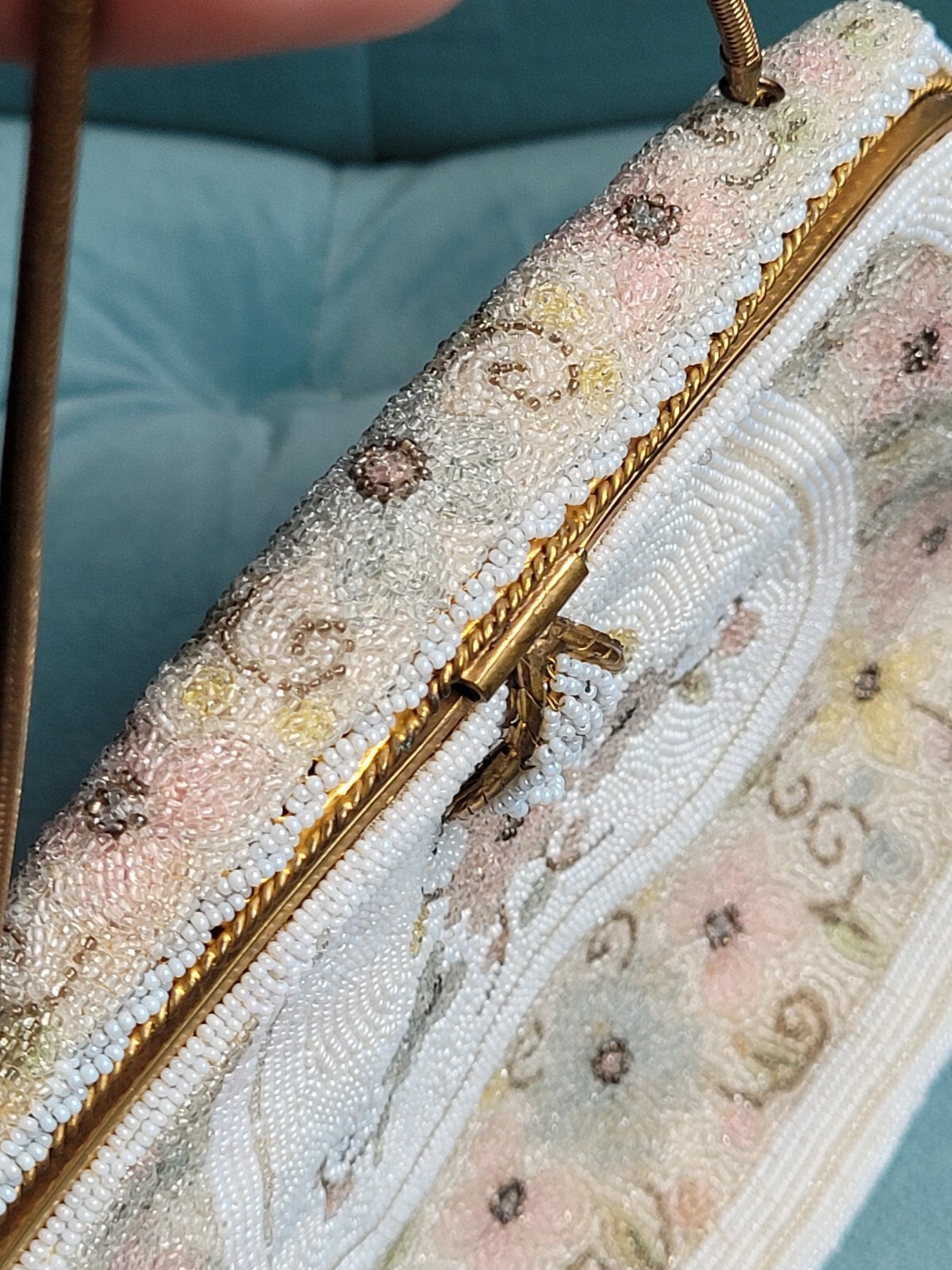 Vintage French Beaded Purse w Ornate Frame White Pink Blue Flowers ...