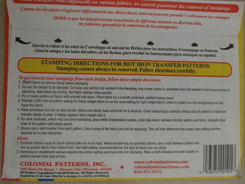 Aunt Martha's Hot Iron Transfer 9637 Birds Days Of Week Colonial ...