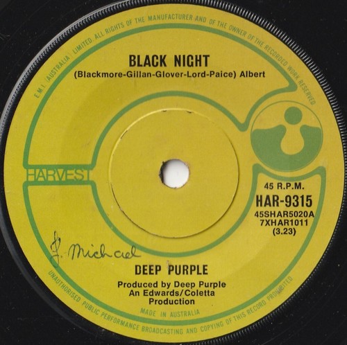 DEEP PURPLE 45: BLACK NIGHTb/w SPEED KING AUSSIE HARVEST 9315 EX- & NM ...