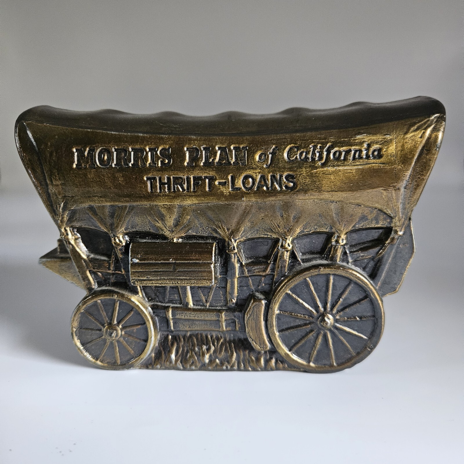 Morris Plan of California Covered Wagon Coin Bank Brass Finish Vintage ...