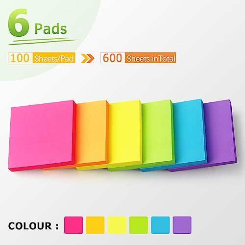 Pop Up Sticky Notes 3x3 inch Bright Colors Self-Stick Pads 6 Pads/Pack ...