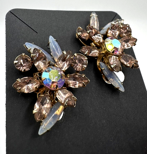 Vintage Pink AB Rhinestone and Faux Opal Cluster Earrings | eBay
