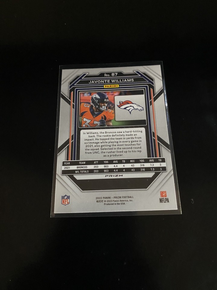 JAVONTE WILLIAMS 2022 PANINI PRIZM RWB PRIZM FOOTBALL CARD BRONCOS 87 ...
