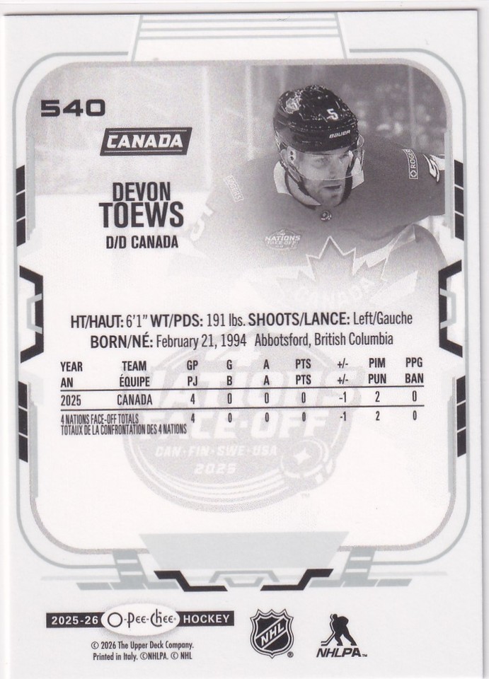 2025-26 O-PEE-CHEE DEVON TOEWS 4 NATIONS FACE OFF | eBay UK