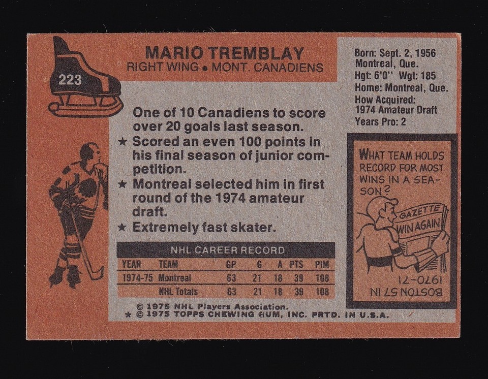 [80661] 1975-76 TOPPS HOCKEY MARIO TREMBLAY #223 RC | eBay