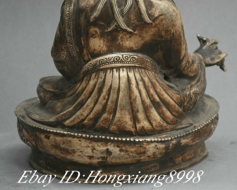 14" Old Tibet Buddhism Silver Seat Guru Padmasambhava Rinpoche Buddha ...