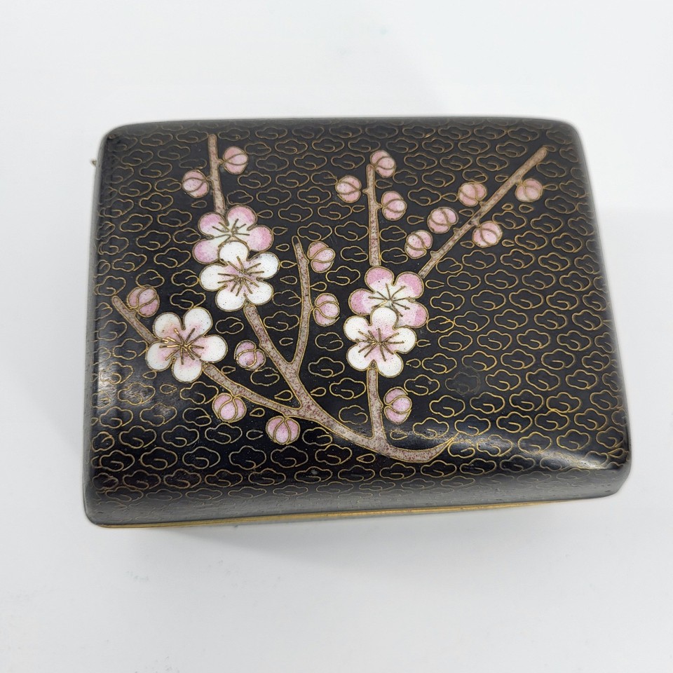 Vintage Chinese Cloisonne Trinket Box Black Cherry Blossom Floral ...