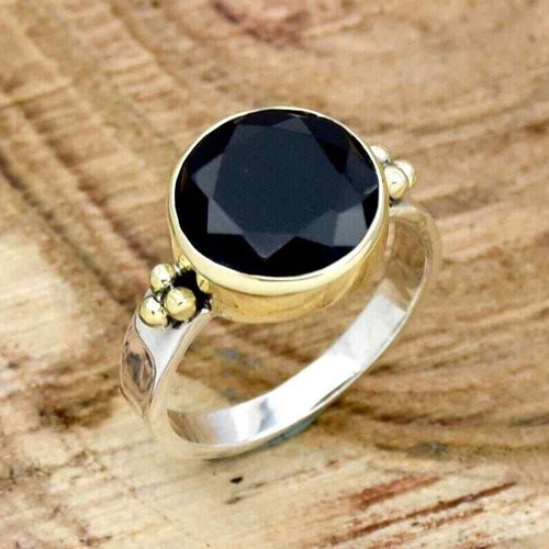 Round Faceted Natural Black Onyx 925 Sterling Silver Gold Two Tone Gift ...